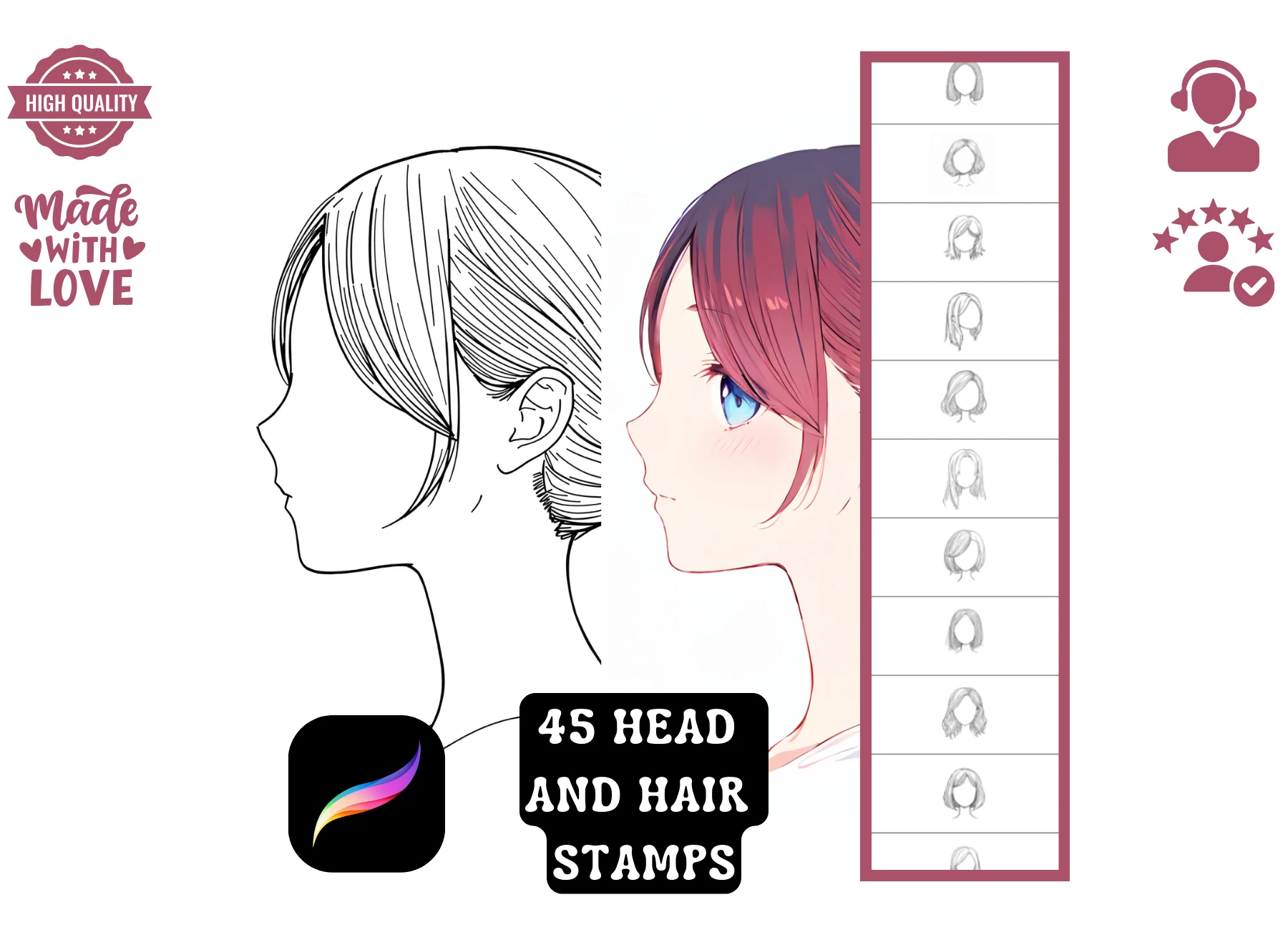 Head & Hair Lineart Procreate Stamps - GraphicsBunker
